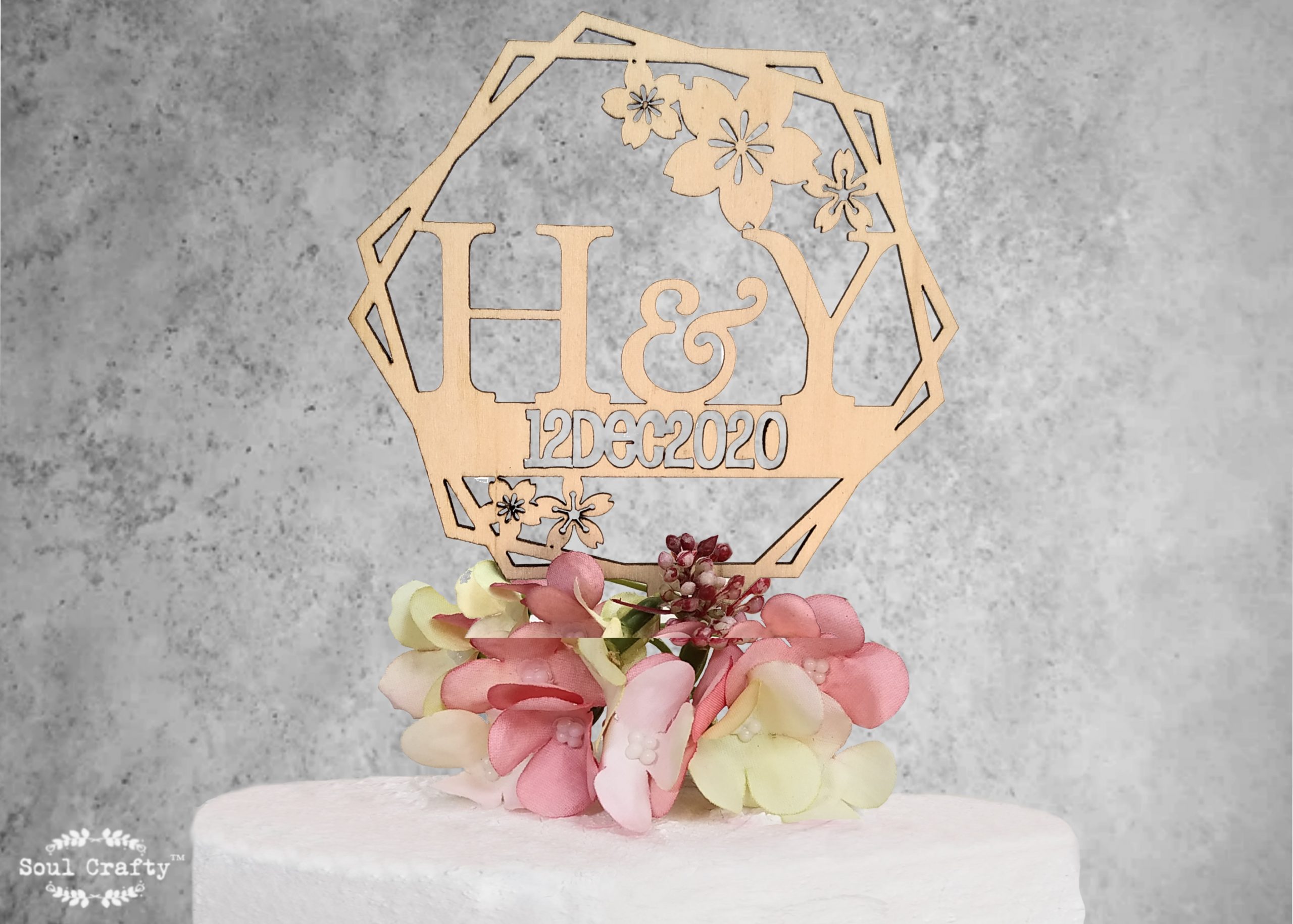 Personalized pentagon cherry blossom wooden cake topper – Soul Crafty