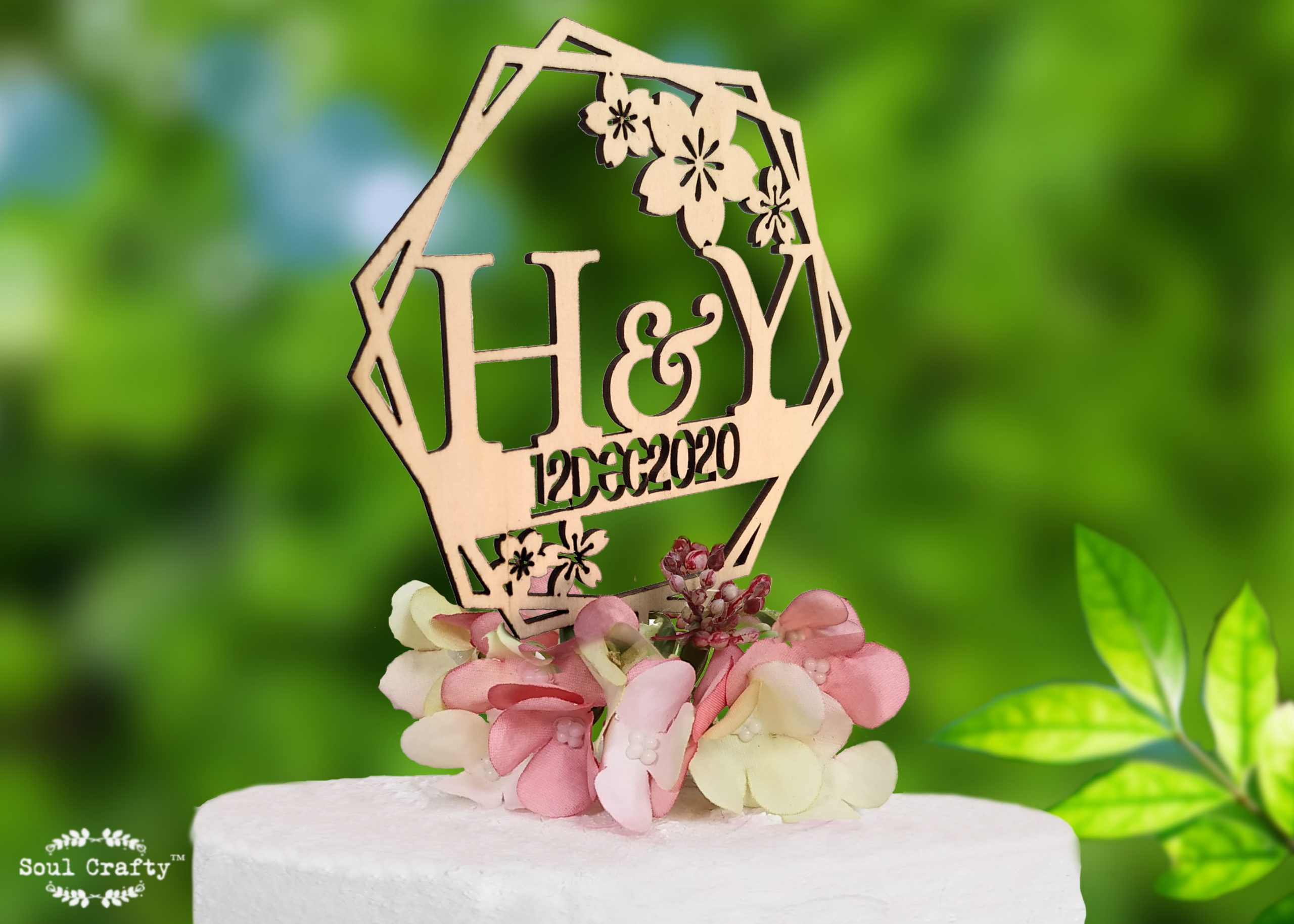 Personalized pentagon cherry blossom wooden cake topper – Soul Crafty