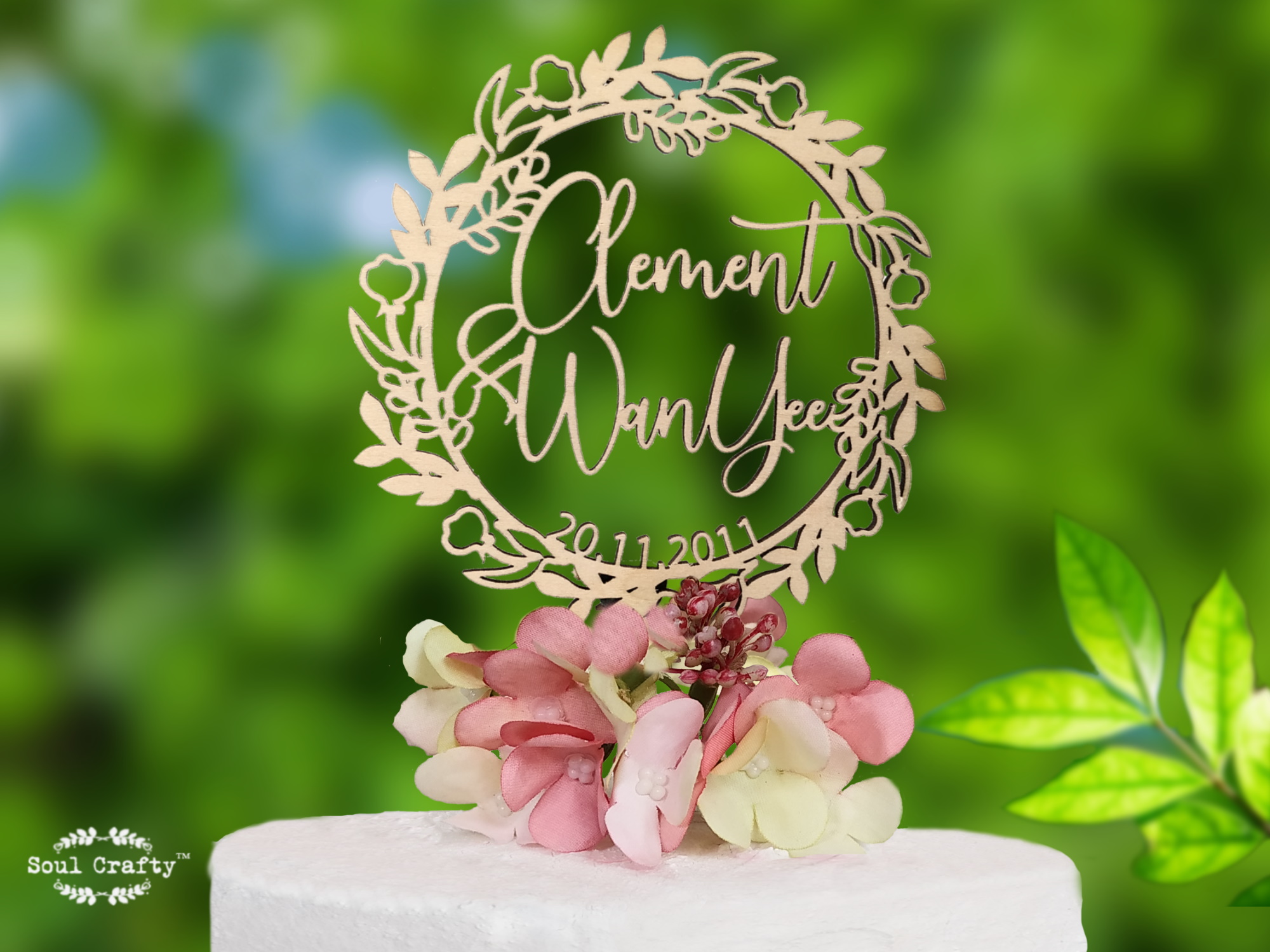 Personalized flower wreath wooden cake topper, cake topper name, topper ...