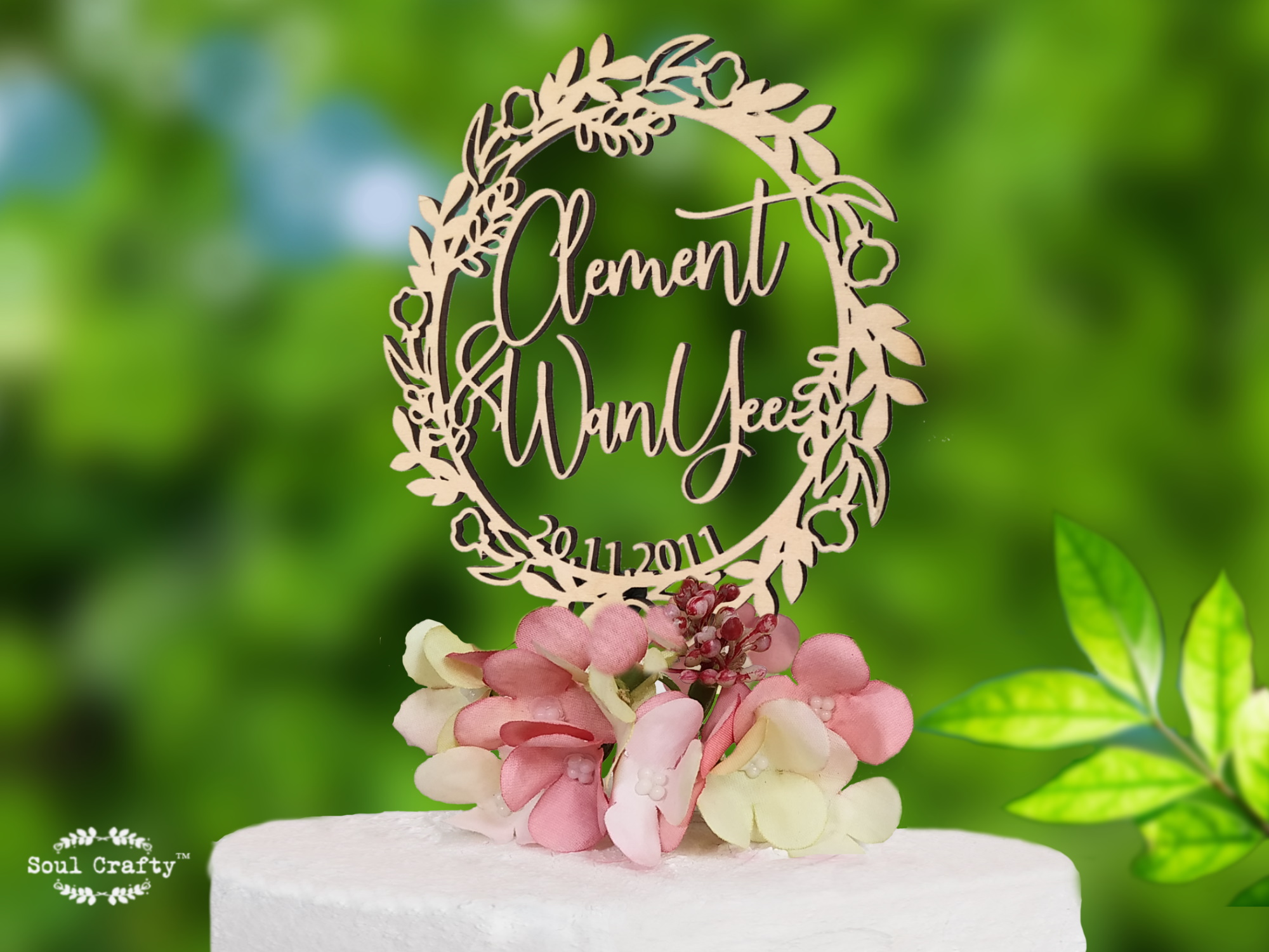 Personalized flower wreath wooden cake topper, cake topper name, topper ...